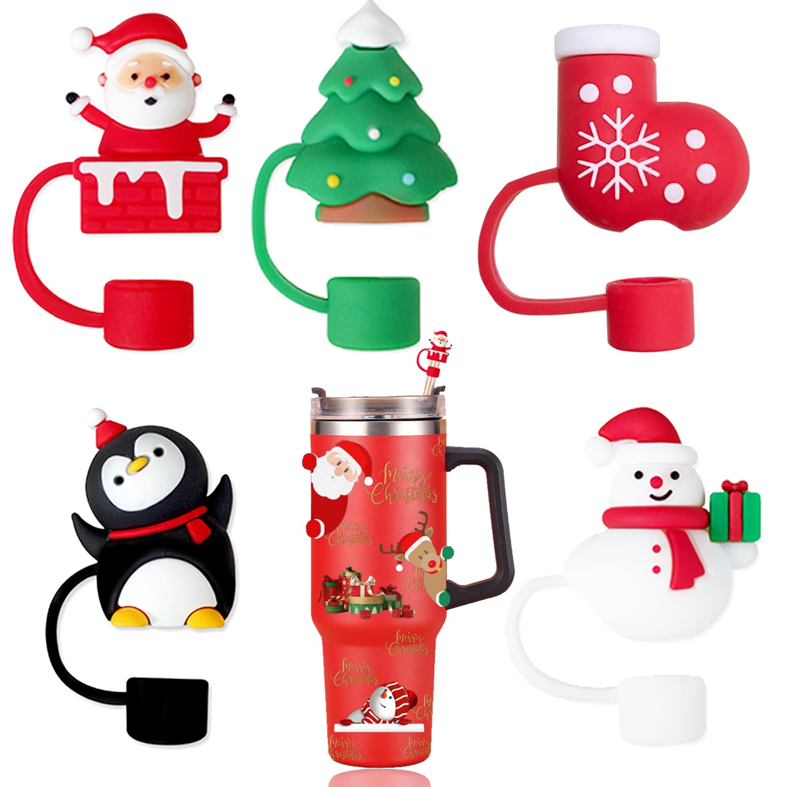 SEEZIZI 5 pcs Christmas Straw Covers Cap Toppers Compatible with Stanley 30&40 oz Tumbler Cups,Reusable Cute Silicone Straw Tips Lids Protectors for 0.4 in/10mm Stanley Cups Straws Accessories