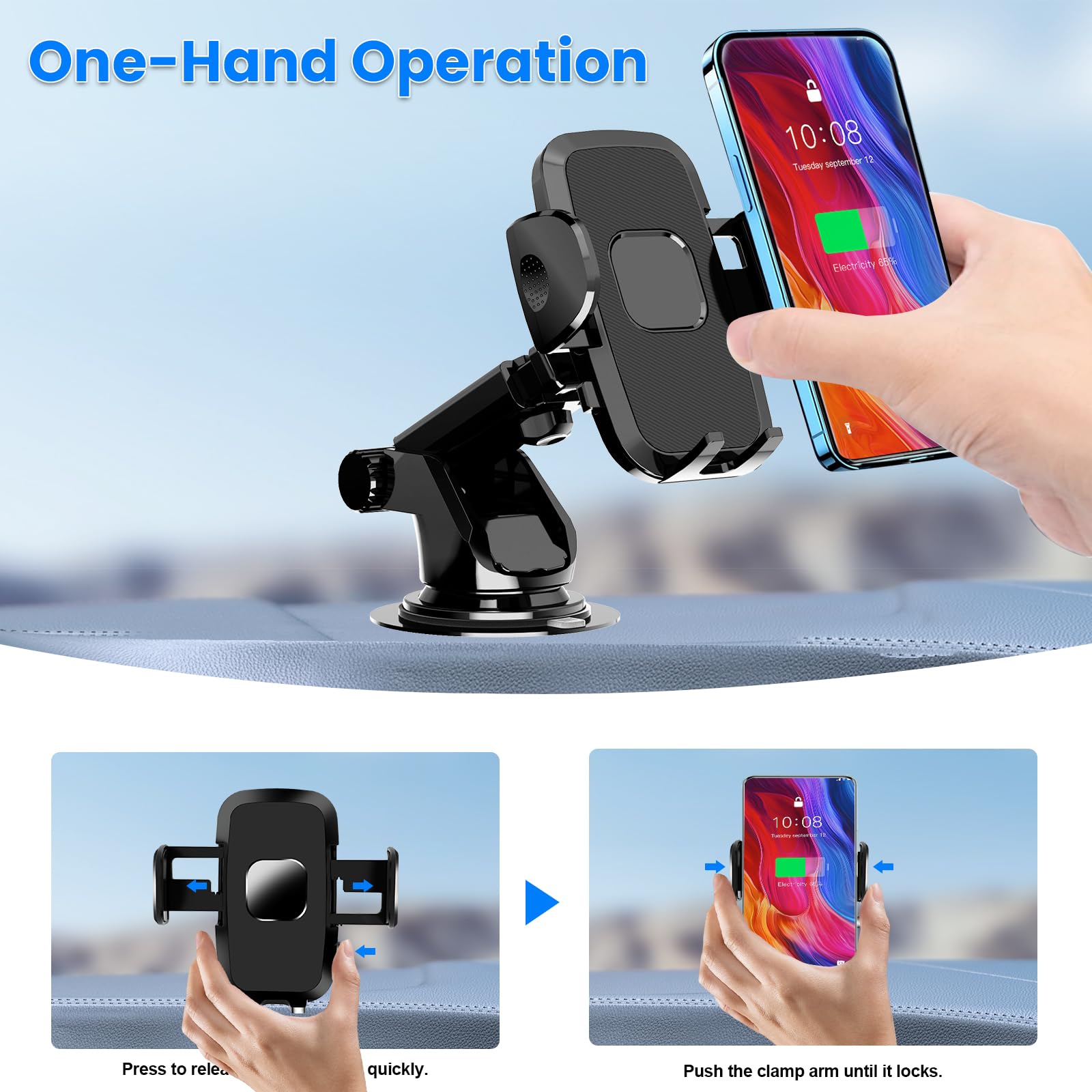 TAPMEI Car Phone Holder [Military-Grade Suction & Clip] 3 in 1 Phone Mount for Car Dashboard Windscreen Air Vent Compatible with All Cell Phones(Black)
