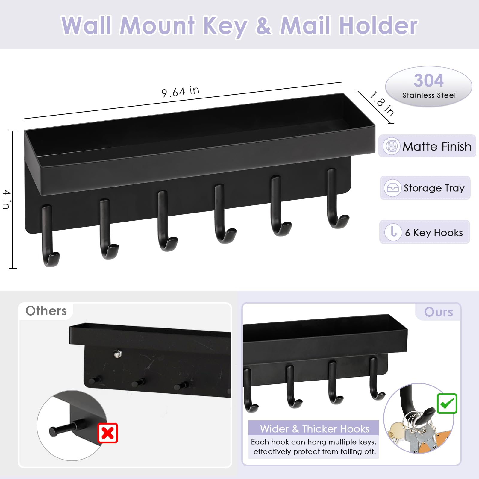 VIS'V Key Holder Wall Mount, Matte Black Stainless Steel Key Mail Holder Small Key Rack with Tray Adhesive Key Hanger Mail Storge Organizer with 6 Key Hooks for Entryway Hallway Doorway