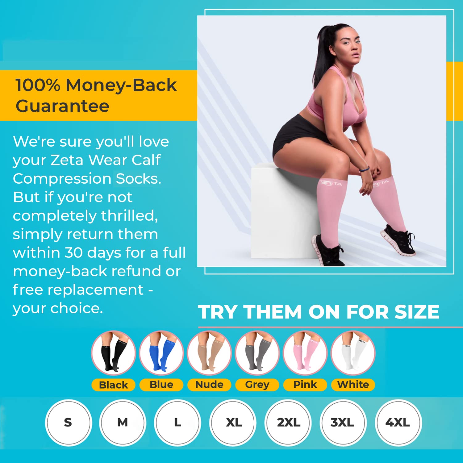 Zeta Wear Plus Size Leg Sleeve Support Socks - The Wide Calf Compression Socks Men and Women Love for Its Amazing Fit, Cotton-Rich Comfort, Compression & Soothing Relief, 1 Pair, 3XL, Blue