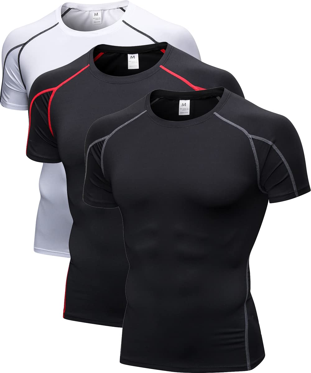 WRAGCFM 3 Pack Men's Compression Athletic Short Sleeve Shirts,Workout Cool Dry Baselayer Sports T-Shirts Running Tops(White+B Red+B Grey, S)