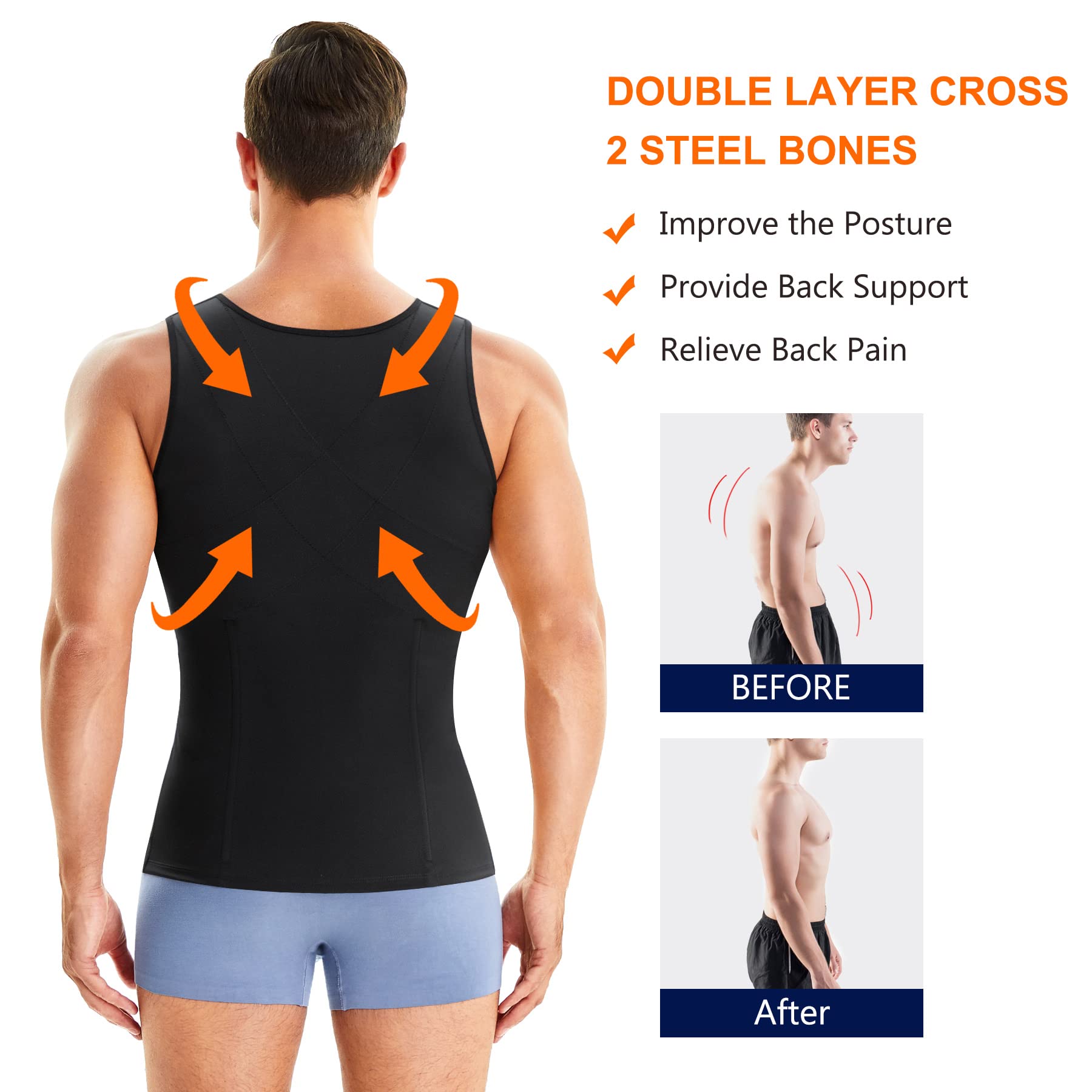 Wonderience Compression Shirts for Men Undershirts Slimming Body Shaper Tank Top Vest with Zipper (Black, Large)