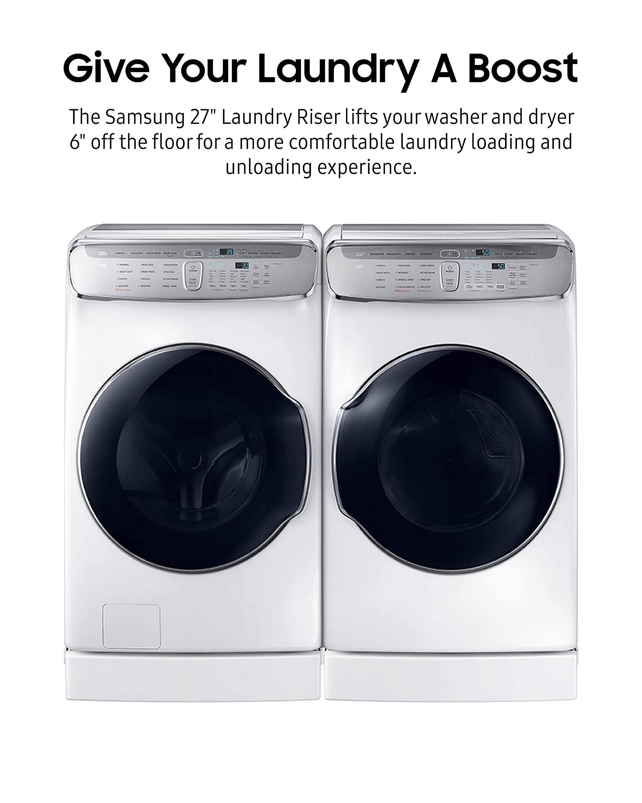 SAMSUNG 27" Wide Laundry Riser Pedestal Stand Bundle for 27" Wide Front Load Washer or Dryer + Shoulder Dolly Moving Straps