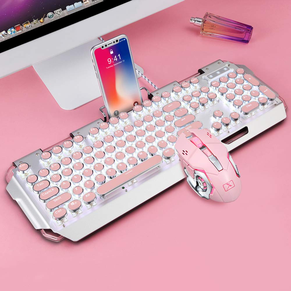 TISHLED Typewriter Style Mechanical Gaming Keyboard and Mouse Combo, 104-Key Anti-Ghosting Blue Switch Retro Steampunk Round Keycaps Metal Panel White LED Backlit Wired USB for PC, Mac, Laptop (Pink)