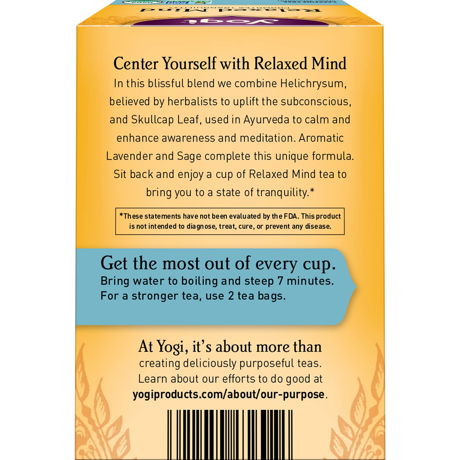 Yogi Tea - Relaxed Mind (6 Pack) - Supports Tranquility - Calming Tea with Gotu Kola and Lavender - Caffeine Free - 96 Organic Herbal Tea Bags