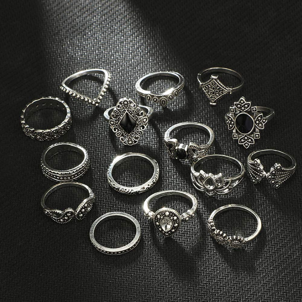 Xerling 15Pcs Vintage Knuckle Ring Set Teardrop Lotus Flower Floral Ring Set Black Gemstone Ring Retro Jewelry Crown Sunflower Geometric Finger Stacking Rings