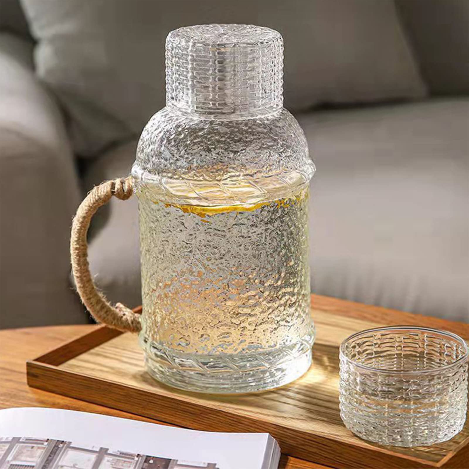 ZWMBYN Vintage Bedside Water Carafe and Glass Set, 2.5L Crystal Water Carafe with Tumbler Glass Cup for Nightstand, Elegant Mouthwash Decanter & Water Pitcher with Handle for Storing Drinks