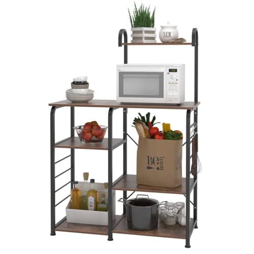 SDHYL Coffee Bar, 35 inch Bakers Rack Microwave Stand with 5 Storage Shelves and Hooks, Kitchen Shelves Organizers Bakers Racks, Microwave Table Coffee Station Table for Home Kitchen Bathroom