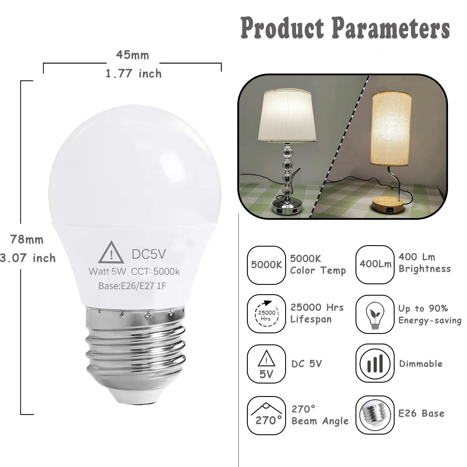 Unfusne DC5V LED Light Bulbs 5W, 450lm,E26,5000K Daylight White Light Bulbs for Low-Voltage Lamps, Energy Saving Bulbs(2Pack)