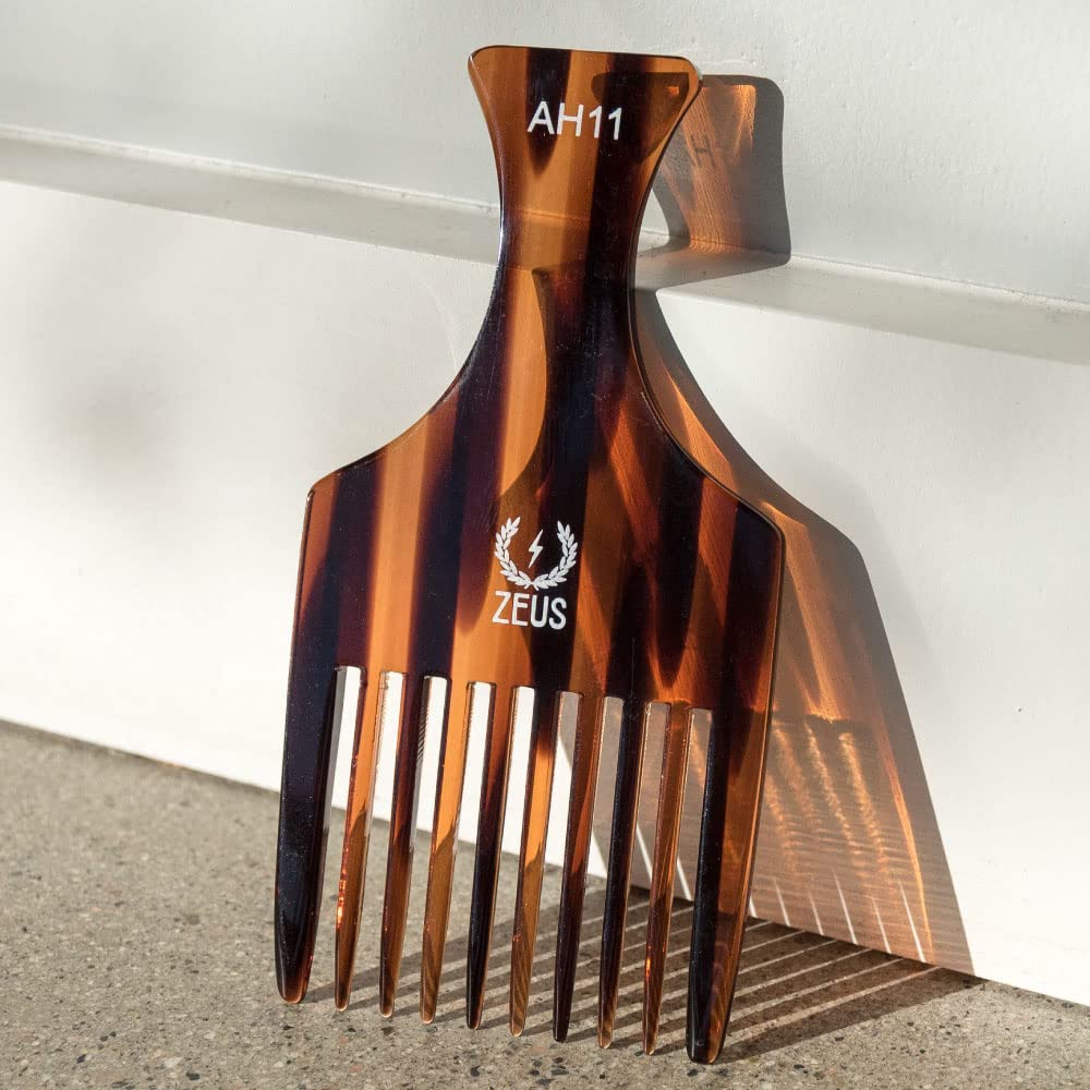 ZEUS Large Beard Pick, Best Handmade Afro Pick, Anti-Static & Anti Frizz, Thick & Curly Hair Tool, 5.25" - AH11