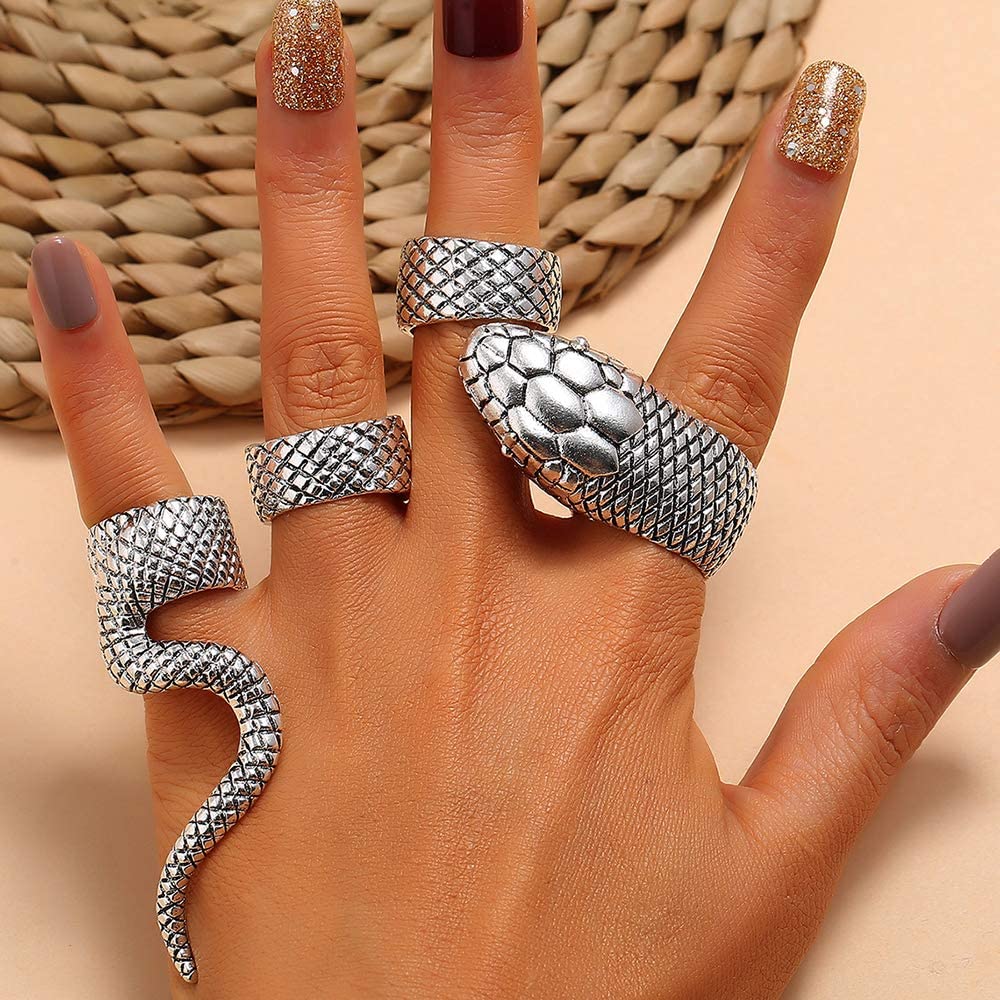 Xerling 4Pcs Gothic Snake Knuckle Rings Punk Finger Ring Set for Men Women Boys Girls Unisex Stacking Rings