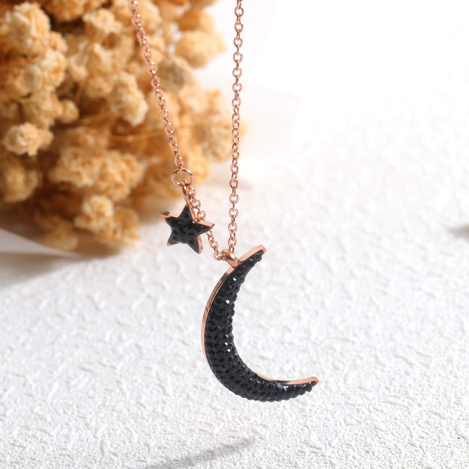 TEMICO Rose Gold Plated Stainless Steel Black Crystal Cubic Zirconia Star Moon Crescent Pendant Necklace for Women