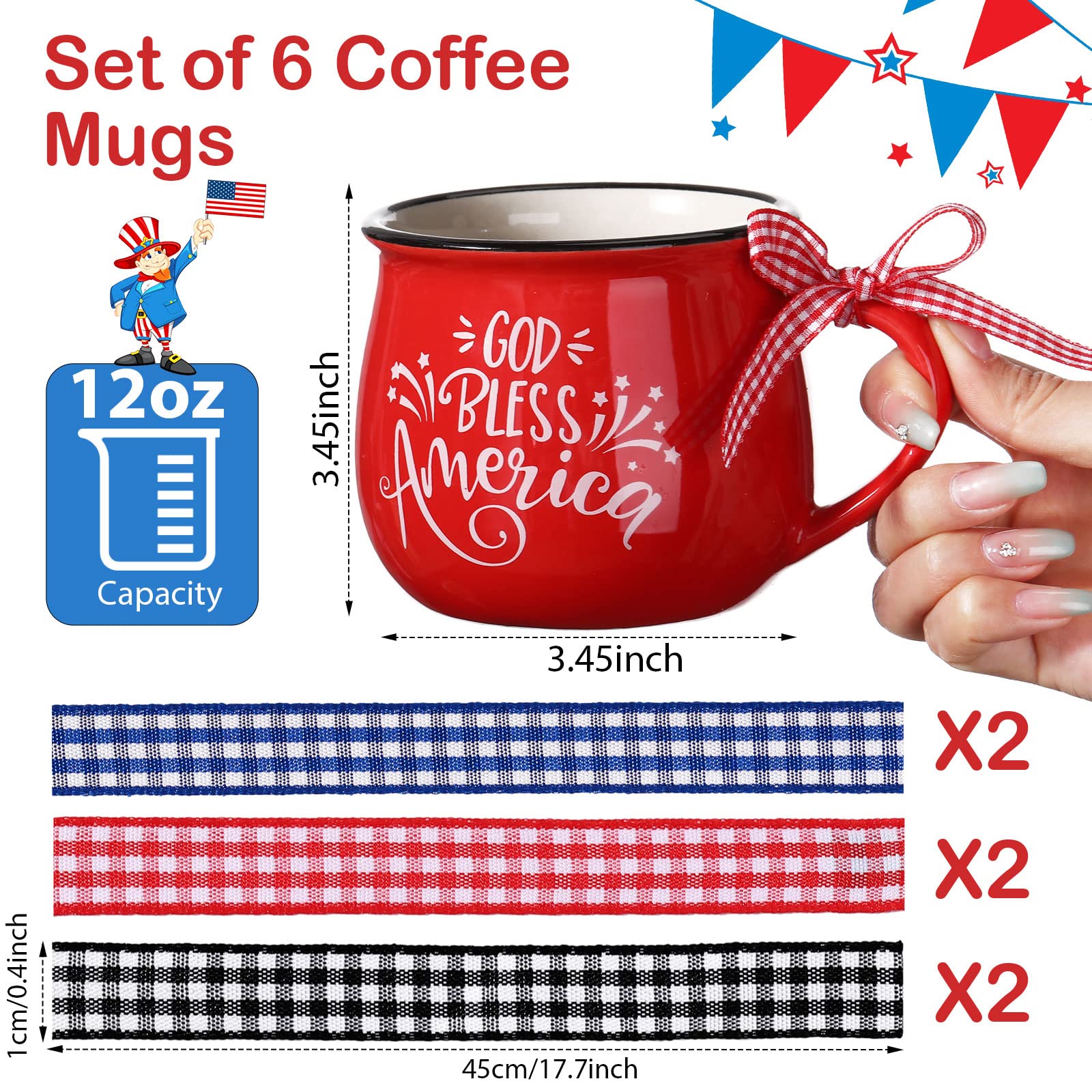 Zubebe 6 Pieces Patriotic Coffee Mugs 4th of July Ceramic Cups Tumbler Hot Cocoa Mugs Gift Set for Independence Day Tiered Tray Coffee Bar Decorations (Patriotic)