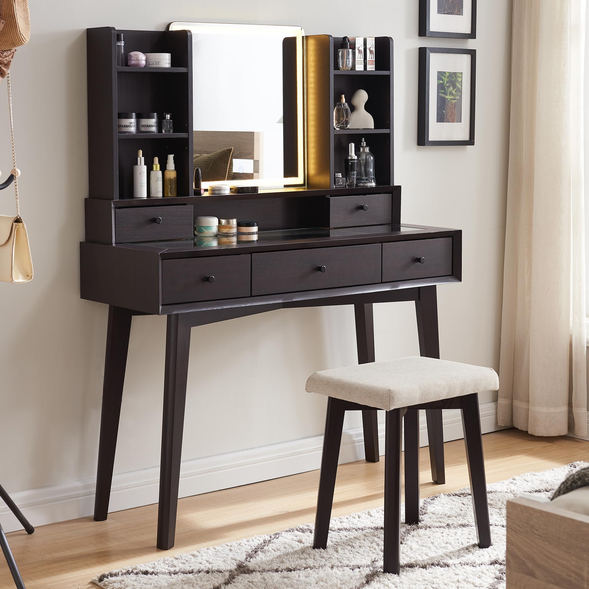 T4TREAM Vanity Desk with Mirror and Lights,Makeup Vanity Table Set with Visual Drawers,Cushioned Stool and 3 Color Lighting Modes,42 inch Dressing Table for Bedroom Women Girls,Espresso