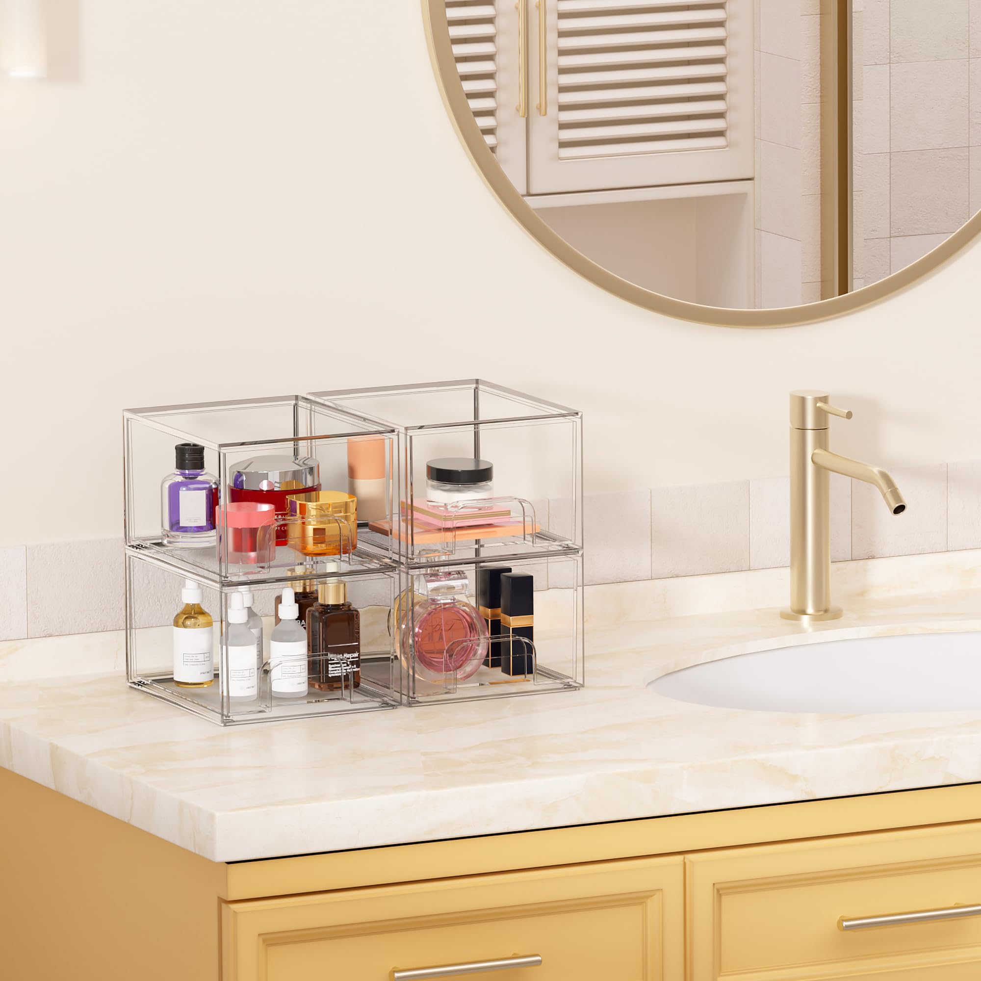Vtopmart Stackable Makeup Organizer Storage Drawer, 4.4'' Tall Acrylic Bathroom Organizers,Clear Plastic Storage Bins For Vanity, Undersink, Kitchen Cabinets, Pantry Organization and Storage