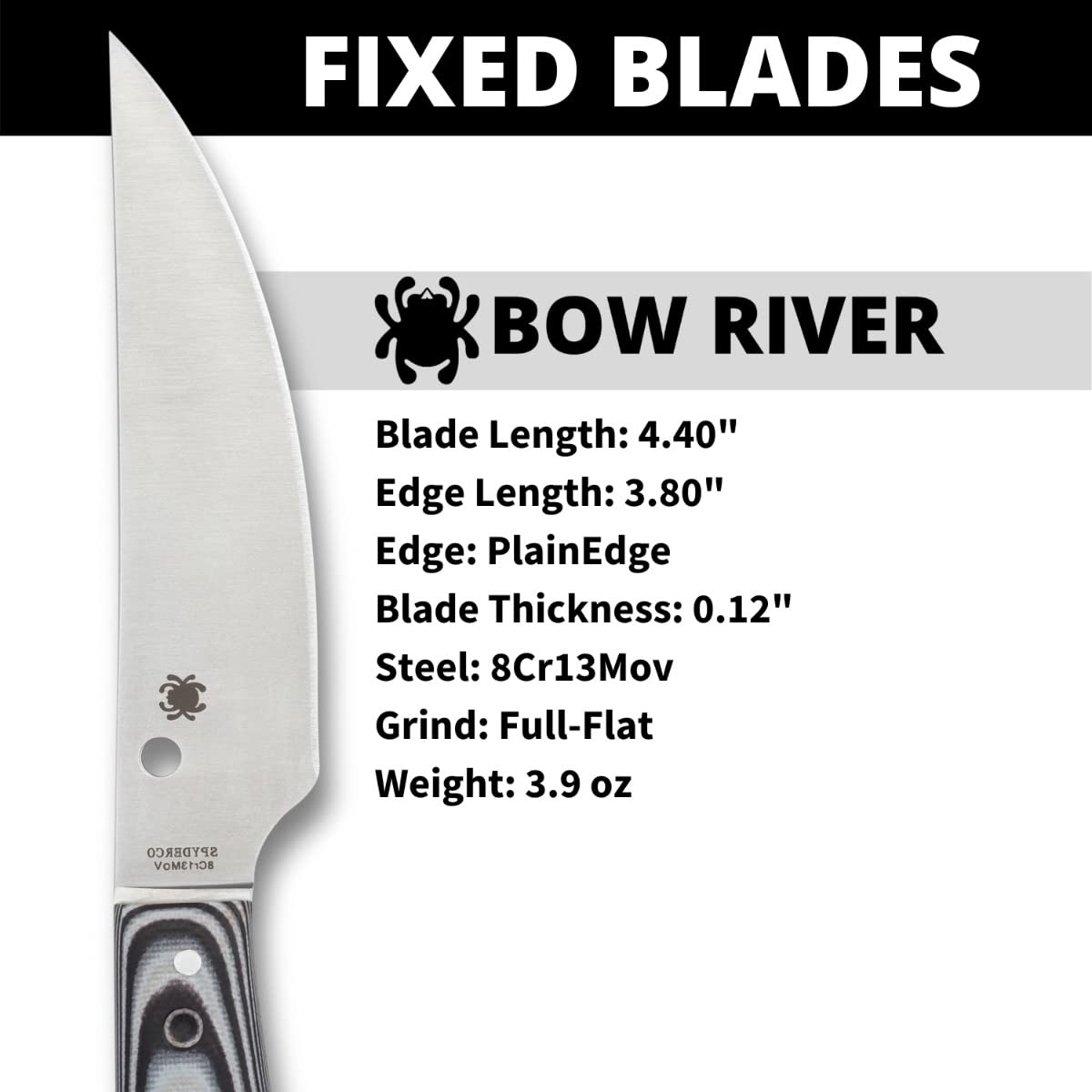 Spyderco Bow River Fixed Blade Utility Knife with 4.40" 8Cr13MoV Stainless Steel Blade and Premium Handcrafted Leather Sheath - PlainEdge - FB46GP