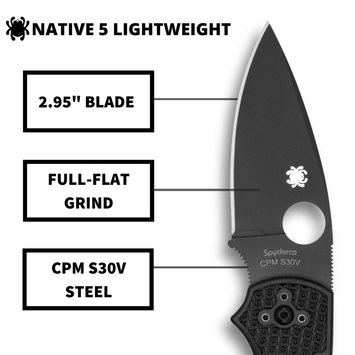Spyderco Native 5 Signature Knife with 2.95" CPM S30V Black Steel Blade and Black FRN Handle - PlainEdge - C41PBBK5