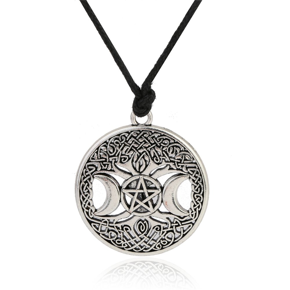 Triple Moon Goddess Pendant Tree of Life Necklace Pentacle Pentagram Wiccan