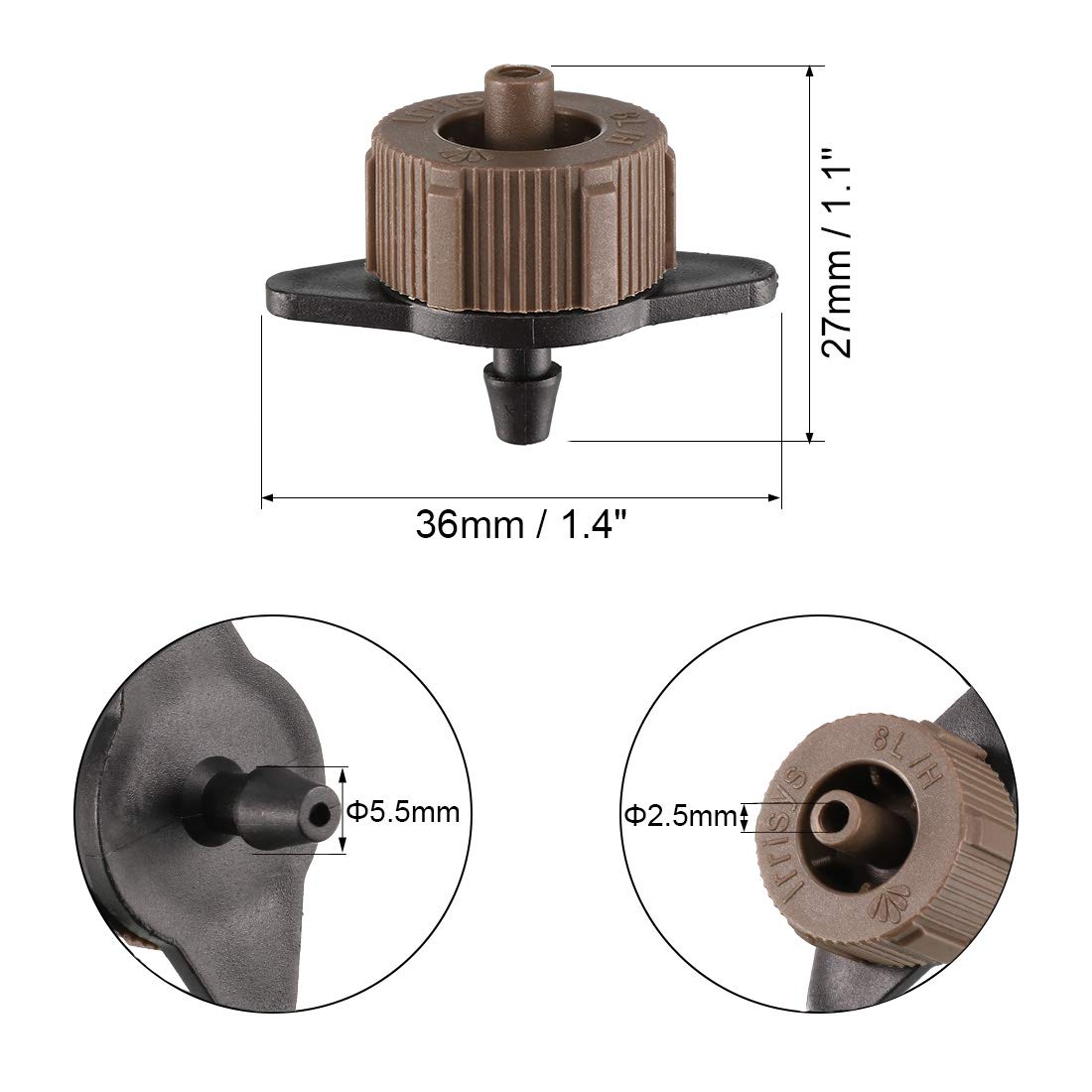 uxcell Pressure Compensating Dripper 2 GPH 8L/H Emitter for Garden Lawn Drip Irrigation with Barbed Hose Connector, Plastic Black Brown 25pcs