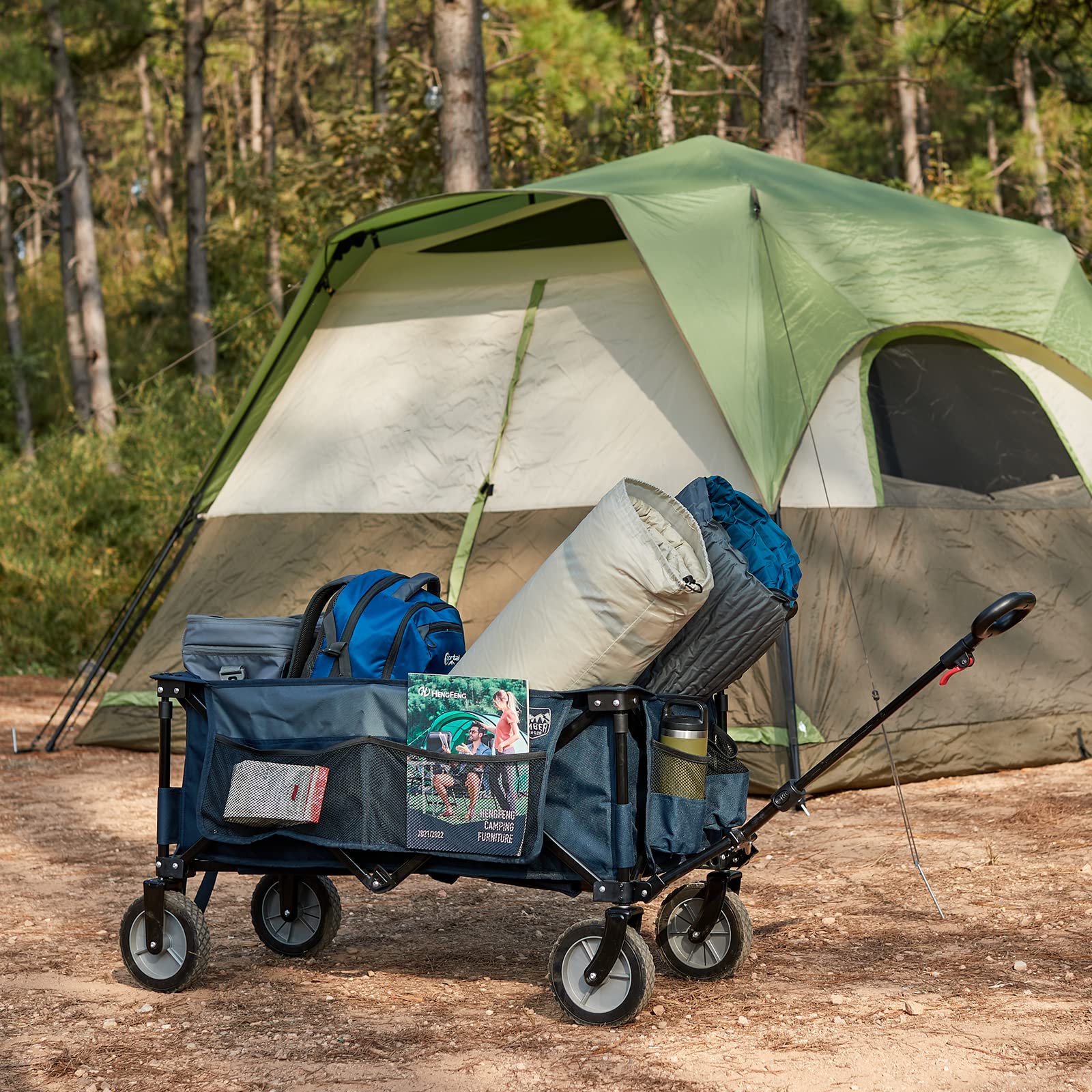 TIMBER RIDGE Collapsible Outdoor Folding Wagon Cart Heavy Duty Camping Patio Shopping Garden Cart with Side Bag Cup Holder,Blue