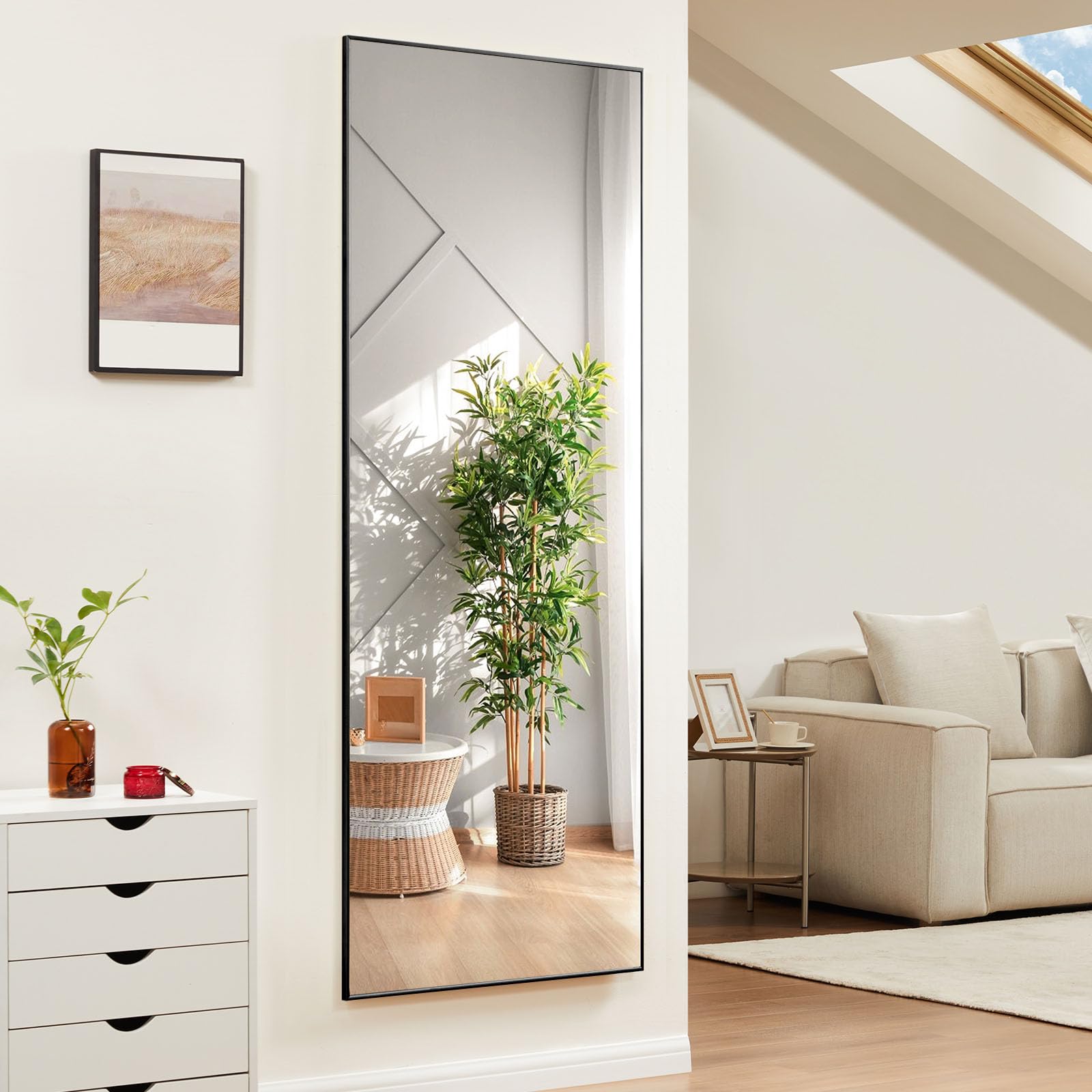 Sweetcrispy 64"x21" Mirror Full Length Floor Standing Full Body Mirror for Bedroom, Large Wall Mirror with Stand Aluminum Alloy Frame Hanging or Leaning Against Wall, Black