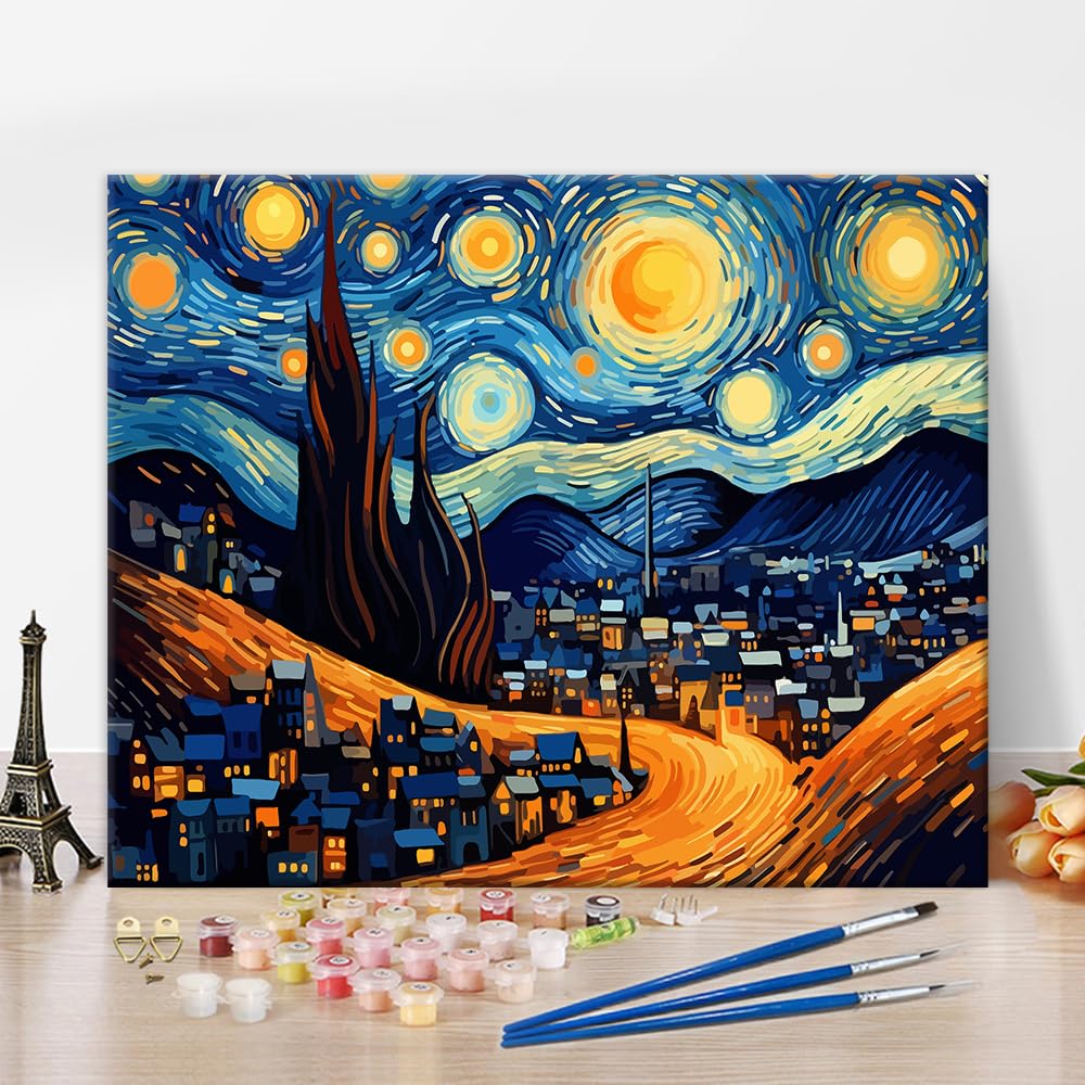 TUMOVO Paint by Starry Night Number Sky and Full Moon Over The Town Paint by Numbers for Adults Abstract Style Adult Paint by Numbers Kits on Canvas DIY Paint by Numbers for Adults Beginner 16x20inch
