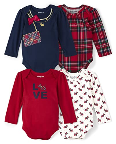 The Children's Place Baby Girls' Long Sleeve 100% Cotton Onesie Bodysuits, Tidal Purse/Red Plaid/White Dogs/Ruby Love Dog, 0-3 Months