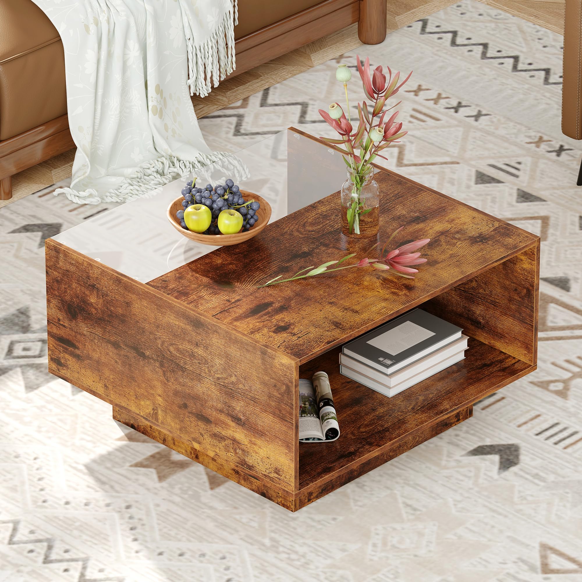 Yusong Modern Wood Coffee Table for Living Room, Retro Mid-Century Center Tables Cocktail Table with Storage Shelf for Reception, Rustic Brown