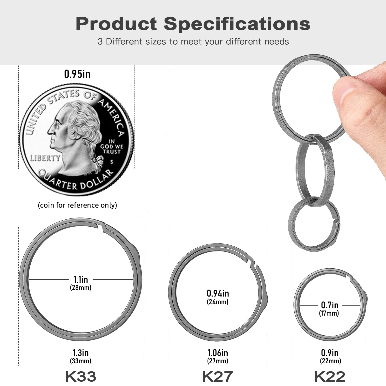 TISUR Titanium Key Rings for Keychain, Side-Pushing key chain rings Split keyring heavy duty Keychain Rings for unisex-adult, bulk 3 Size Choices, Grey