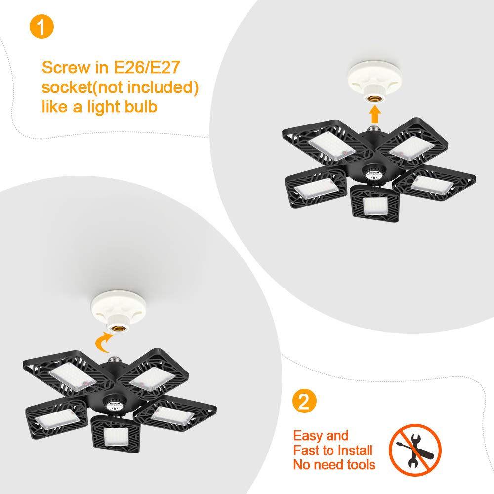 Upgraded 160W LED Garage Light, 16000LM Super Bright Motion Sensor Garage Light with 5 Deformable LED Panels, 6000K Daylight Ceiling Garage Light for Garage, Barn, Workshop, Warehouse(2 Pack)