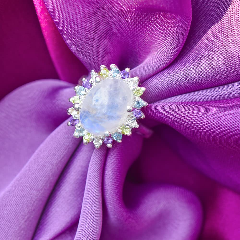 YoTreasure Moonstone Solid Sterling Silver Multi Gemstone Flower Cluster Ring