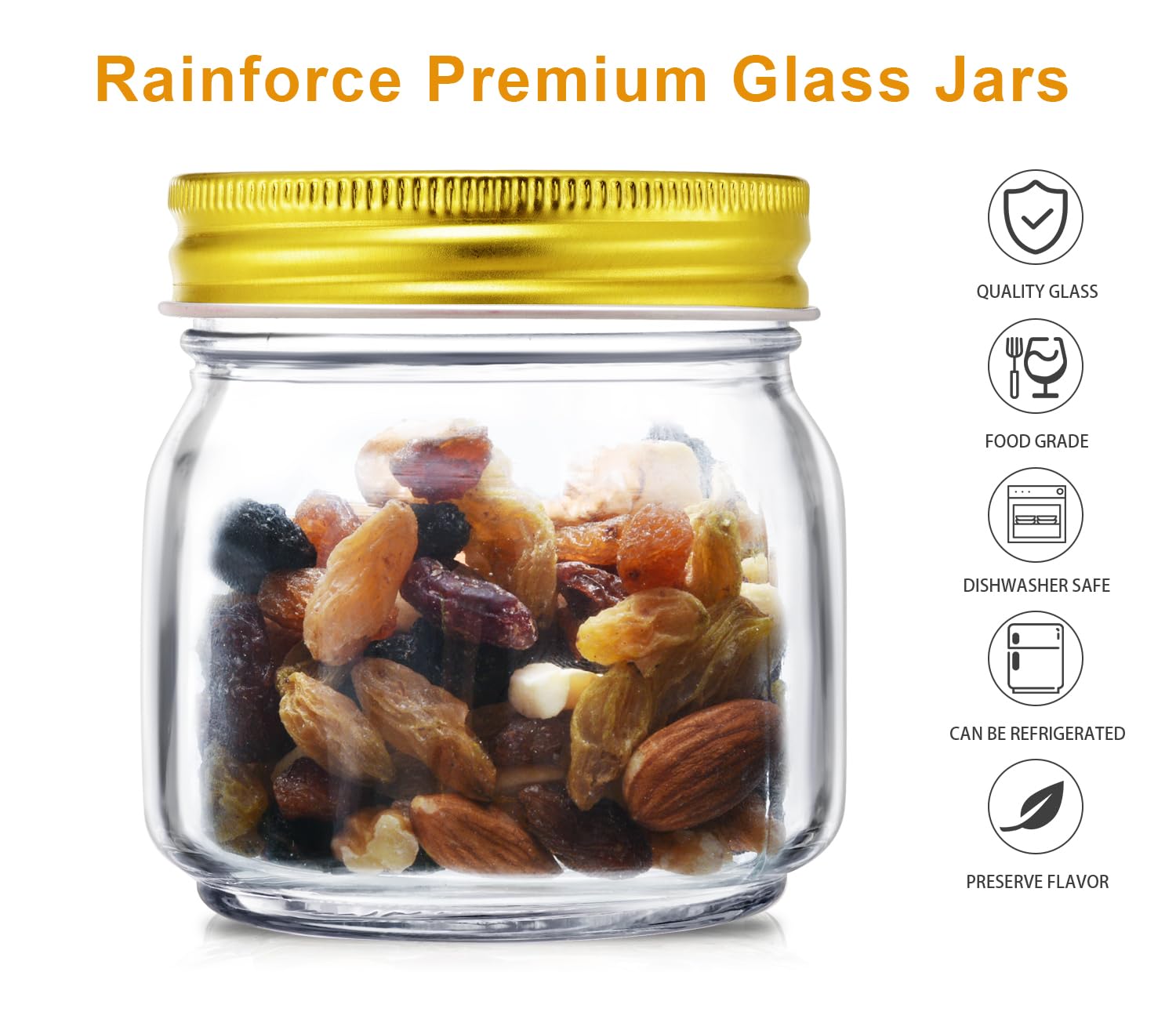 Rainforce Mason Jars 8 oz 30 Pack- Small Mason Jars With Gold Lids -1/4 Quart Canning Jars| Storage Pickling Jars For Jelly, Jam, Honey, Pickles - Spice Glass Jars - With 30 Chalkboard Labels