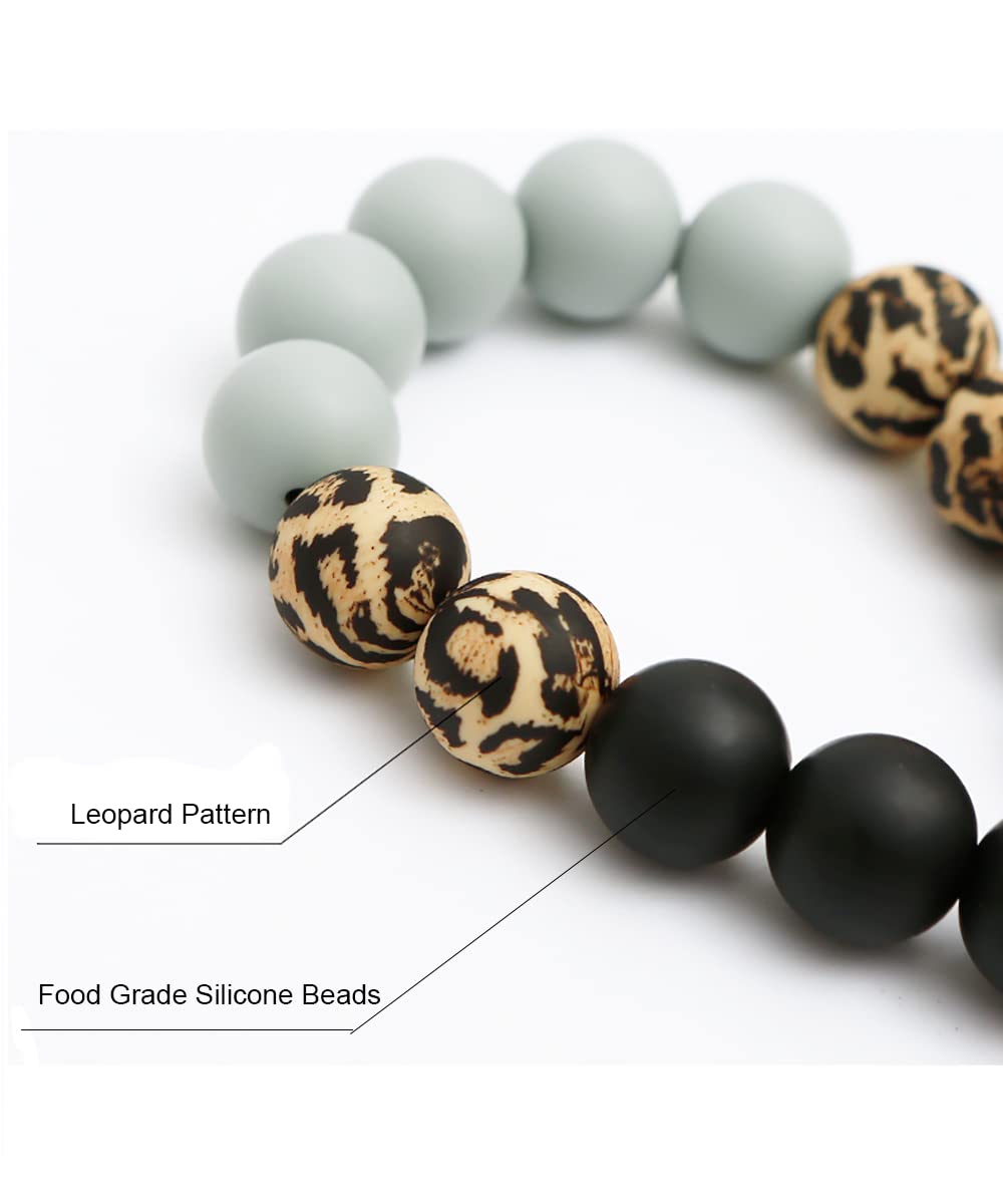 Wristlet Keychain Bracelet Silicone Beaded Key Ring Bracelet with Wooden bead Bangle Car Key Chains(Leopard Black)