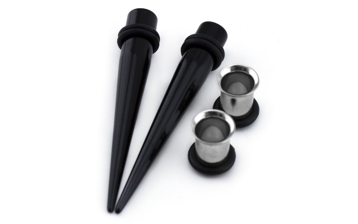Urban Body Jewelry 0 Gauge Ear Stretching Kit - (0G - 8mm) 2 Black Acrylic Tapers & 2 Steel Tunnels (4 Pieces)