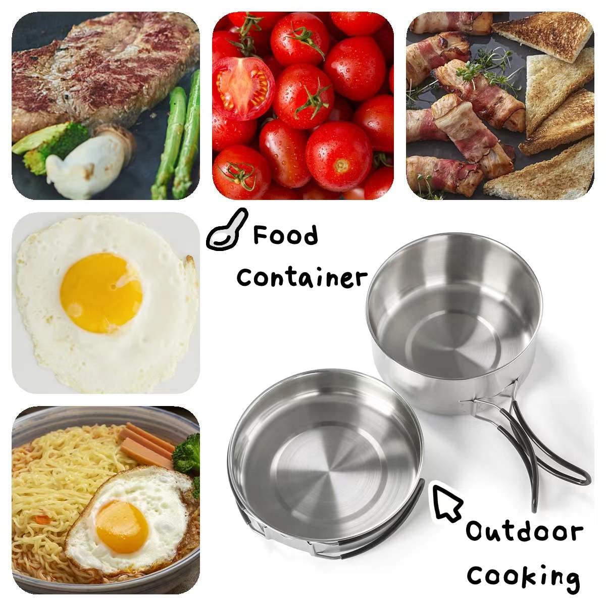 Wsaikis Stainless Steel Lunch Box Camping Cookware, Compact Mess Kit, Pot and Frying Pan with Folding Handle & Portable Mesh Bag Cooking Set for Picnic,Camping,Hiking