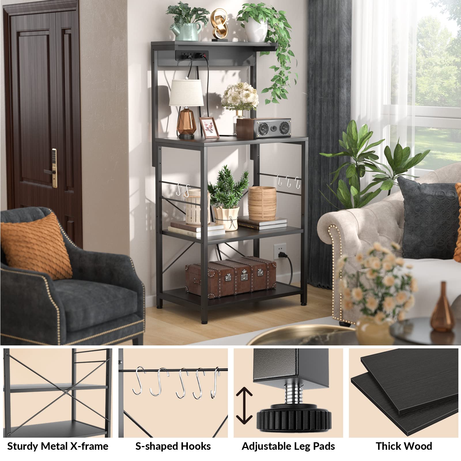 Topfurny Baker‘s Rack with Power Outlet, Microwave Stand Kitchen Storage Shelf, Kitchen Organizer Rack with 5 Hooks, Industrial Coffee Bar Table for Kitchens with Storage, Black