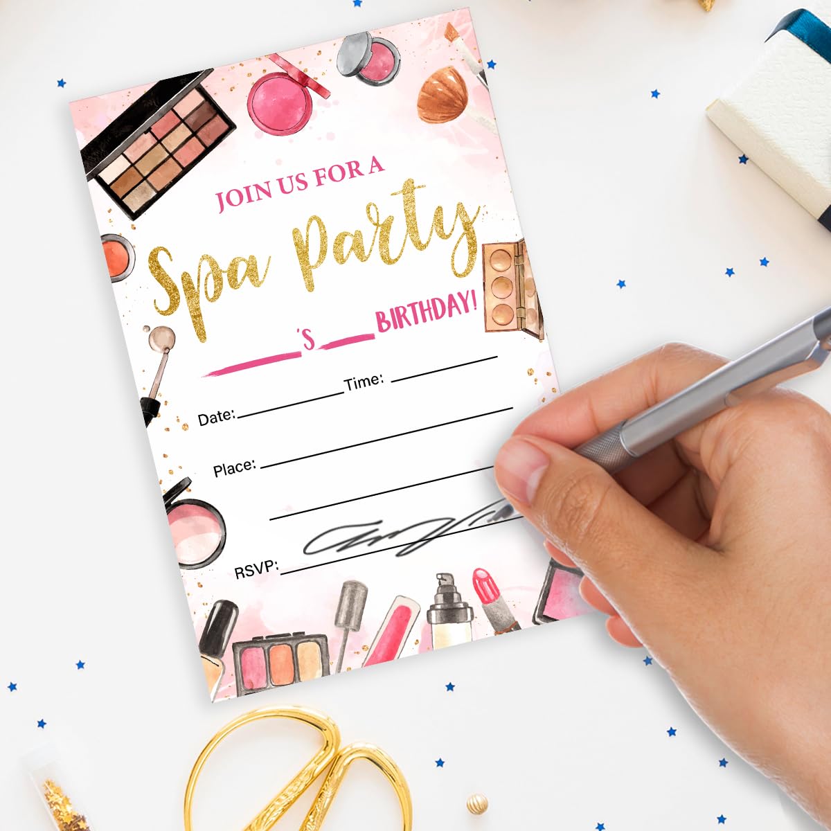Spa Party Birthday Invitations With Envelopes Set of 20, Glam Makeup Slumber Spa Birthday Party Fill in Invites Cards (Double Sided)