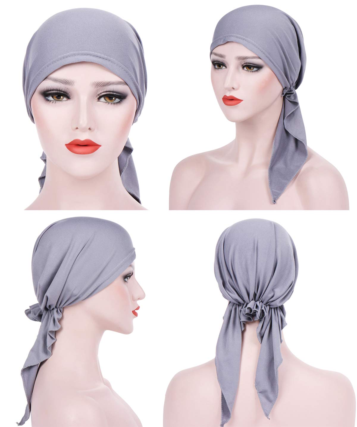 Summer Chemo Scarf Lightweight Silky Beanie Ruffle Cap Cancer Headwear for Womens (Black+Grey+White)