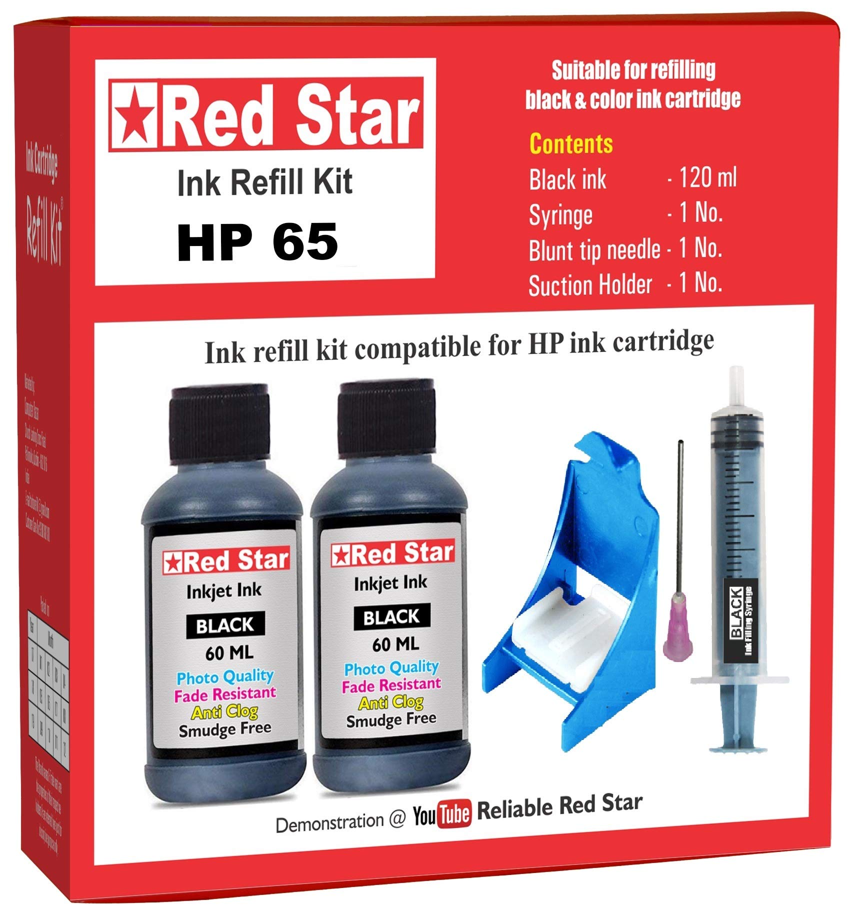 Red Star Refill kit with Suction Prime Holder Suitable for HP 65, 64, 63, 62, 61, 60, 67, 901 Black Ink Cartridge with 120 ml Ink, Filling Tools & Instructions