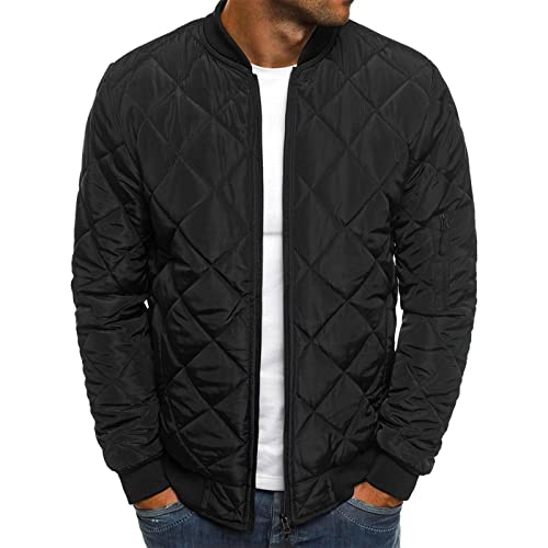 WENKOMG1 Mens Diamond Quilted Jacket,Solid Lightweight Bomber Jacket Winter Fall Varsity Slim Fit Athletic Outerwear,Padded Water Resistant Puffer Insulated Jacket Flight Jacket(Black,XX-Large)