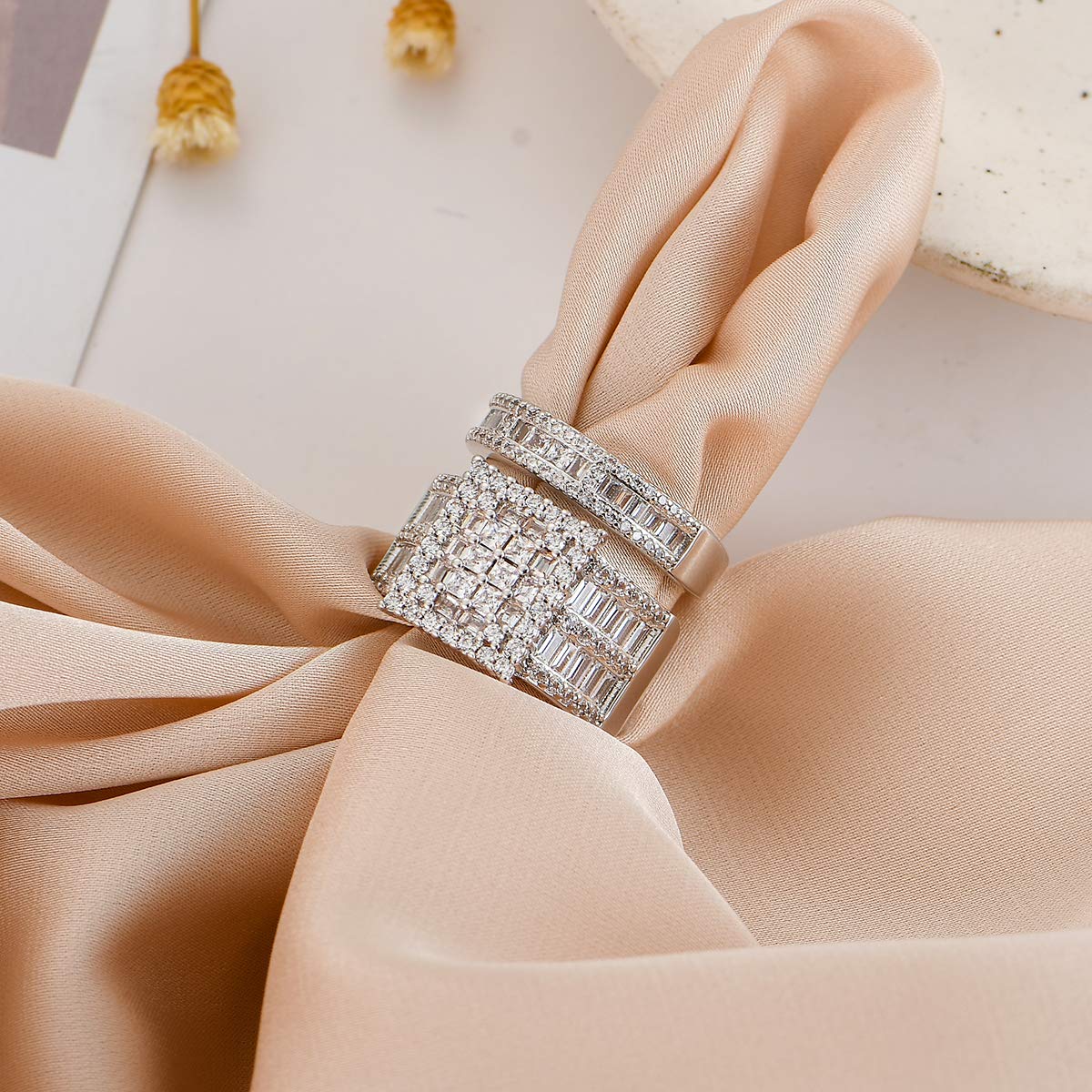 Square Statement Bridal Sets - Two Rings Cubic Zirconia CZ Cluster Engagement Promise Rings Set for Women (8)