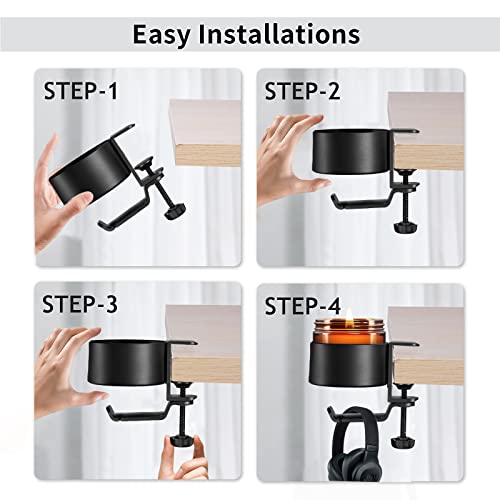 Venti Desk Mug Holder, MEEKAKEE 2 in 1 Desk Cup Holder with Headphone Hanger, Anti-Spill Desk Storage Cup, Easy to Install, Sturdy, Durable, Enough to Hold Big Coffee Mugs (Black)