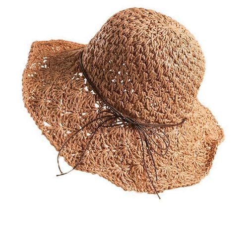 Sun Straw Hats for Women Foldable Floppy Beach Summer Hats Oversized Weave Wide Brim Bowknot Lace for Ladies Brown