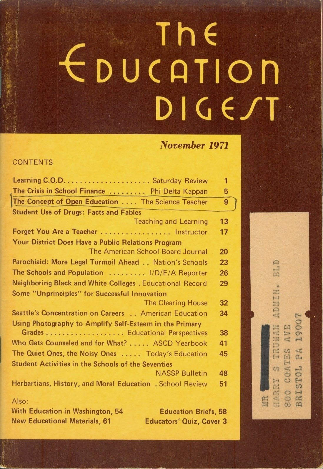 The Education Digest: November 1971, Volume XXXVII, Number 3