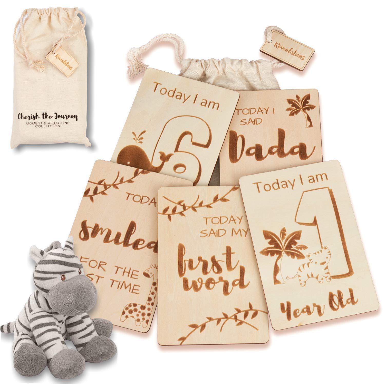 Wooden Monthly Milestone Cards - 24 Double Sided Cute Jungle Designs Organic Drawstring Bag Perfect Unisex Gender Neutral Gift