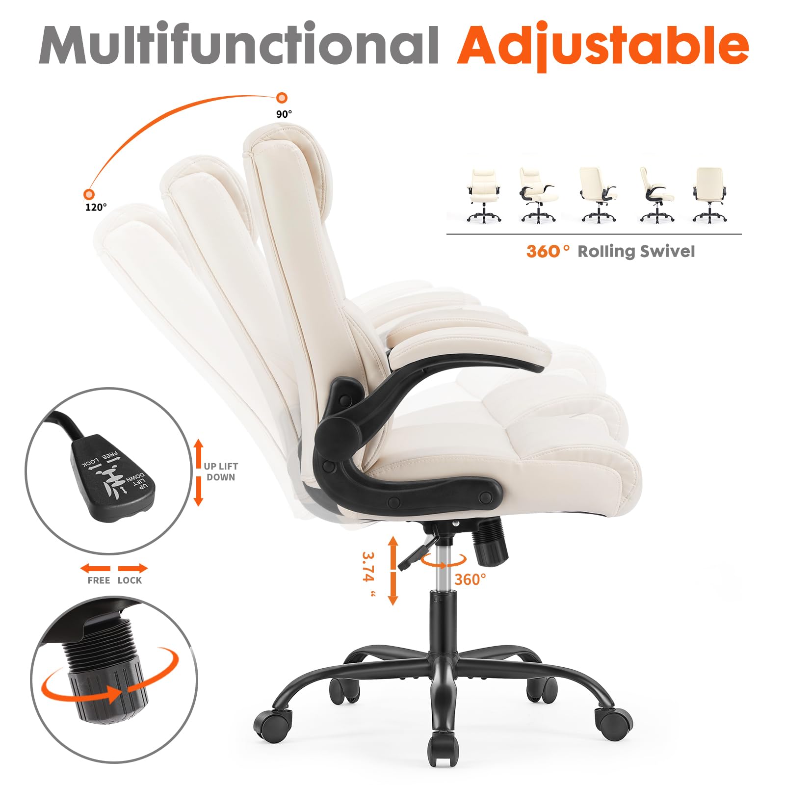 Sweetcrispy Executive Office Chair Beige White Desk Chair with Wheels Height Adjustable PU Leather Office Chair Flip Up Arms Mid Back Computer Chair with Lumbar Support