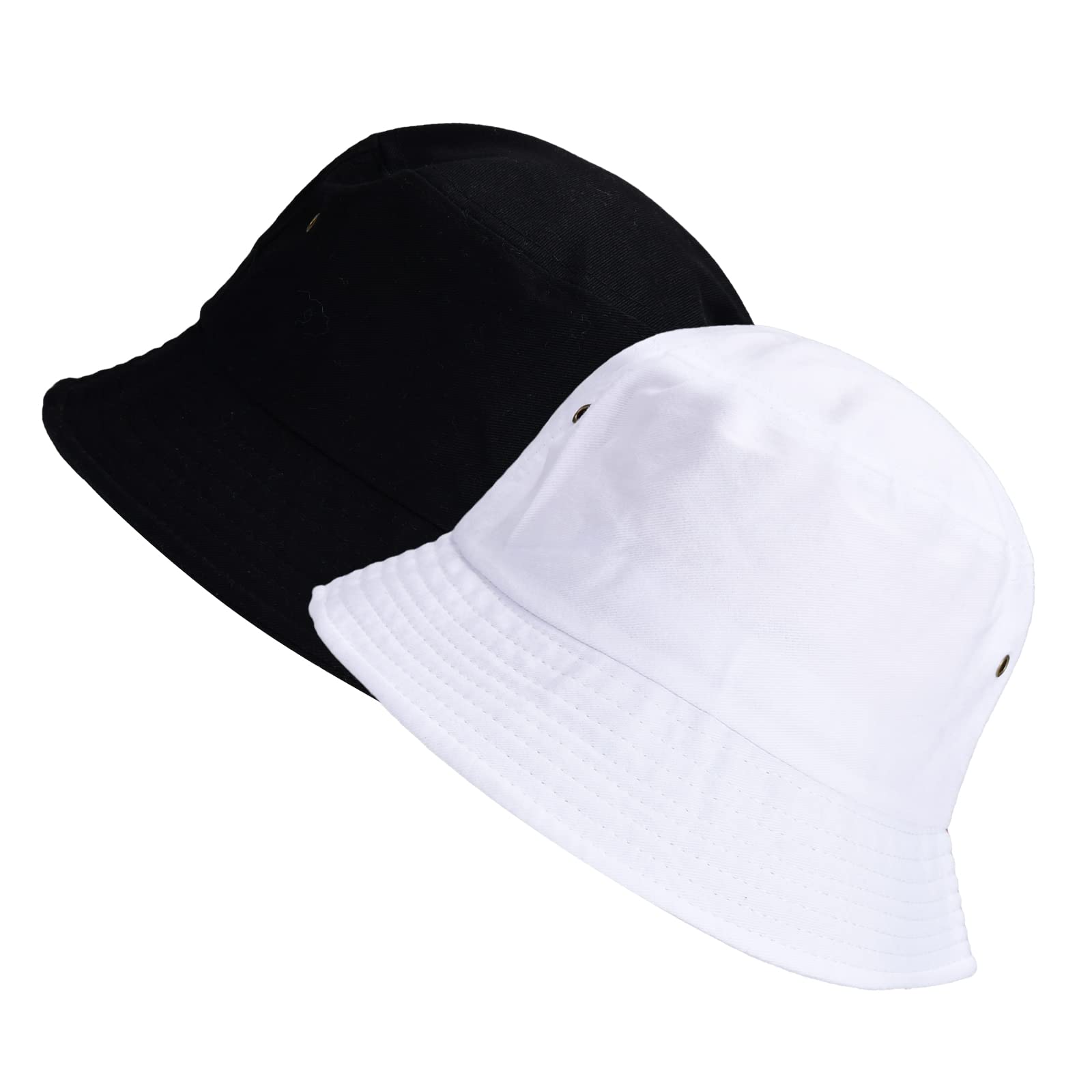 ZOORON 2 Pack 100% Cotton Bucket Hat Unisex Packable Summer Travel Beach Sun Hat Outdoor Cap (Black+White)