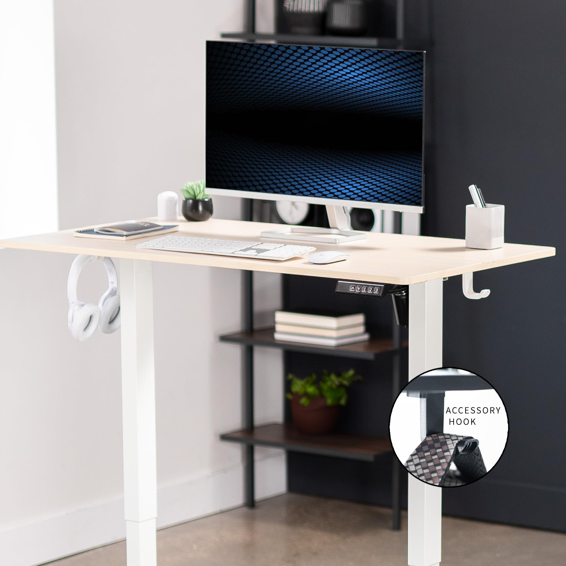 VIVO Electric Height Adjustable 44 x 24 inch Stand Up Desk, Standing Workstation with Memory Controller, Light Wood Top, White Frame, DESK-E144C
