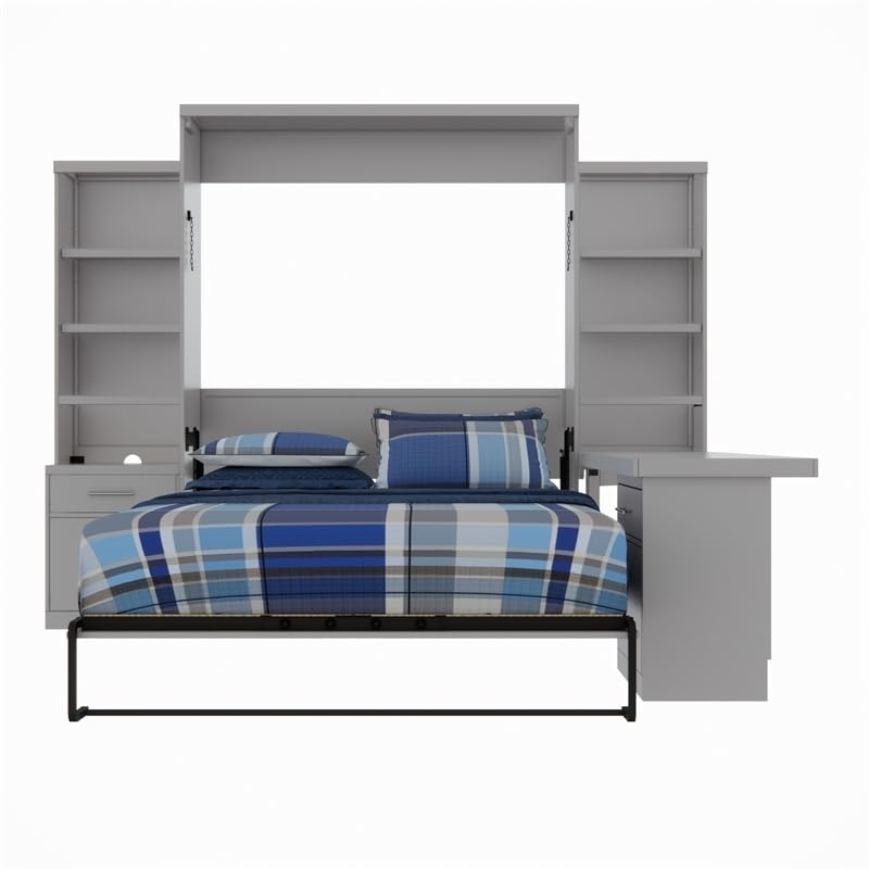RoomAndLoft Queen Size Murphy Wall Bed in Solid Wood, with Storage and Shelves in Gray, No Box Spring Needed, Easy Assembly, Up to weight capacity