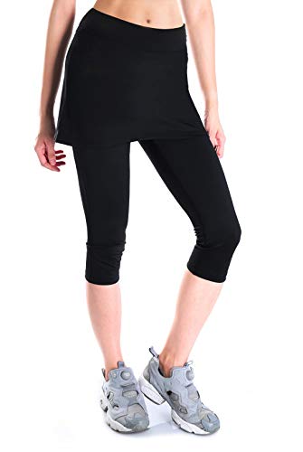 Yogipace Women's UV Protective Capri Leggings with Skirt, Running Skirted Capri, Active Skort with Golf Tennis Ball Pockets, Black, XS